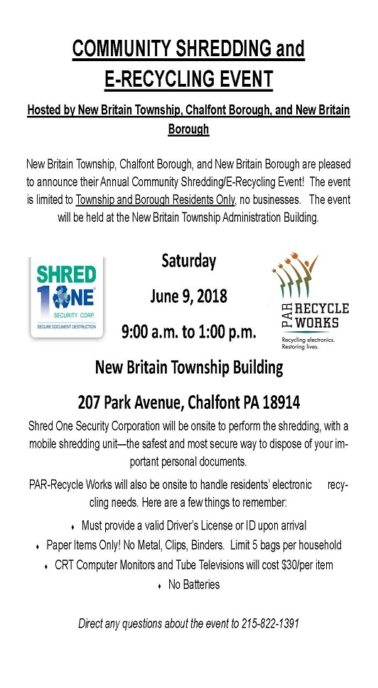 Shred Event Flyer 2018 - New Britain Borough, Pennsylvania