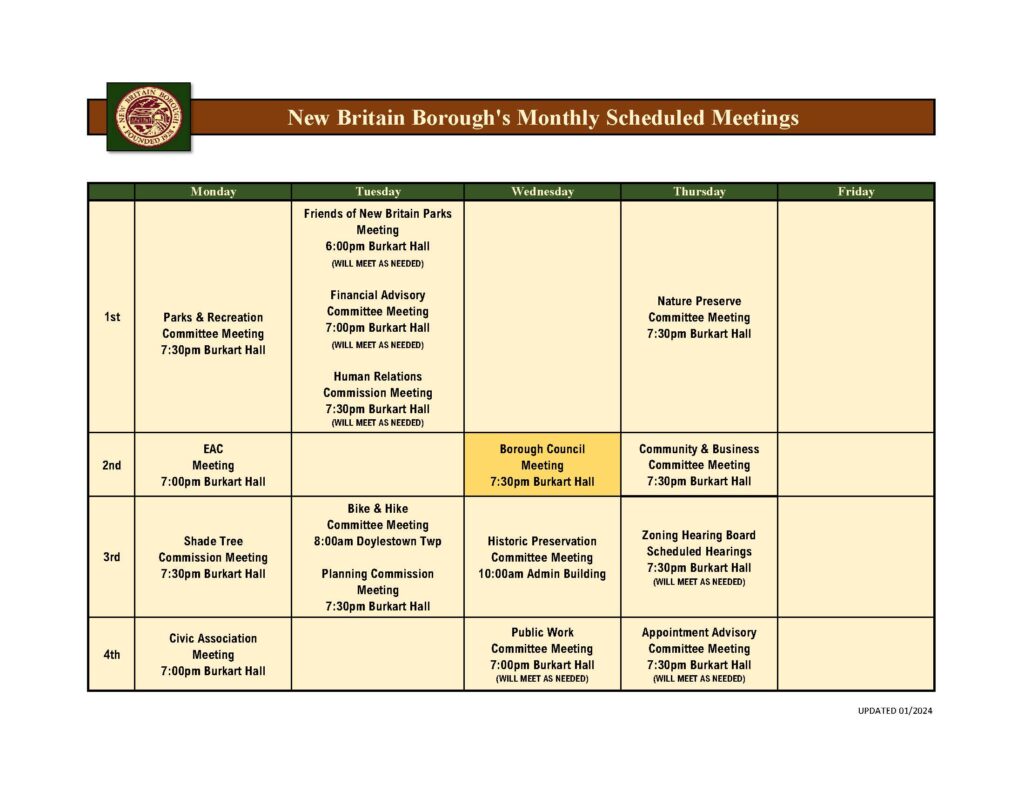 Monthly Schedule Committee & Commission Meetings Calendar - New Britain ...